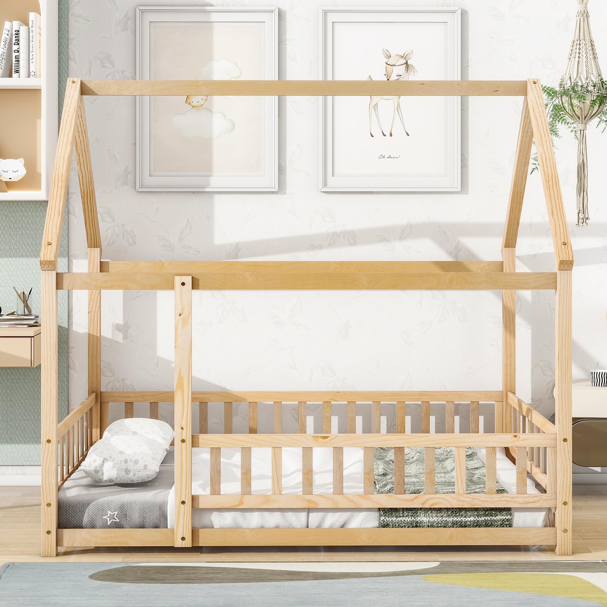 Eafurn Full Size Floor Bed for Kids, House Shape Wood Full Bed Frame with Roof and Fence-Shaped Guardrails for Toddlers Kids Boys Girls Teens, Box Spring Needed, Easy Assembly
