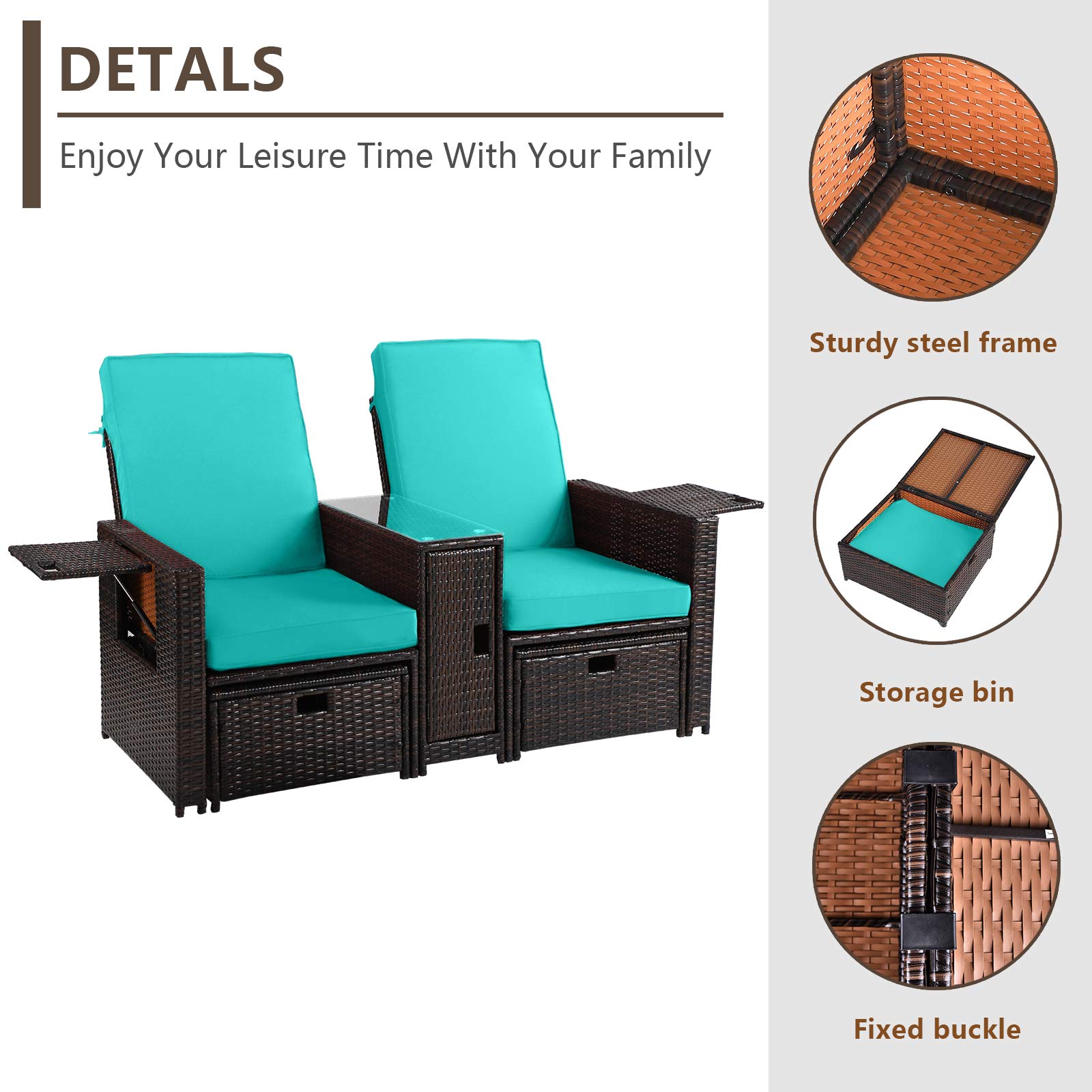 VUYUYU 5PCS Patio Wicker Furniture Set - Outdoor PE Rattan Loveseat Sofa with Adjustable Backrest, Coffee Table, Ottoman - Patio Lounge Chair for Garden, Beach, Poolside, Balcony, Backyard, Deck