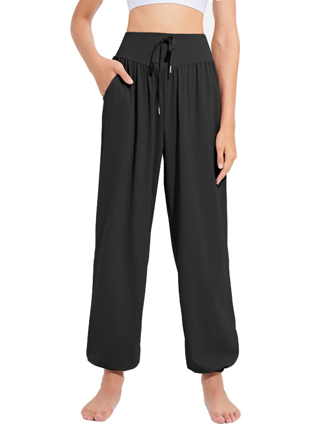 Haellun Women's Drawstring Yoga Joggers Harem Pants Loose Workout Sweatpants Lounge Pants with Pockets(Black,M)