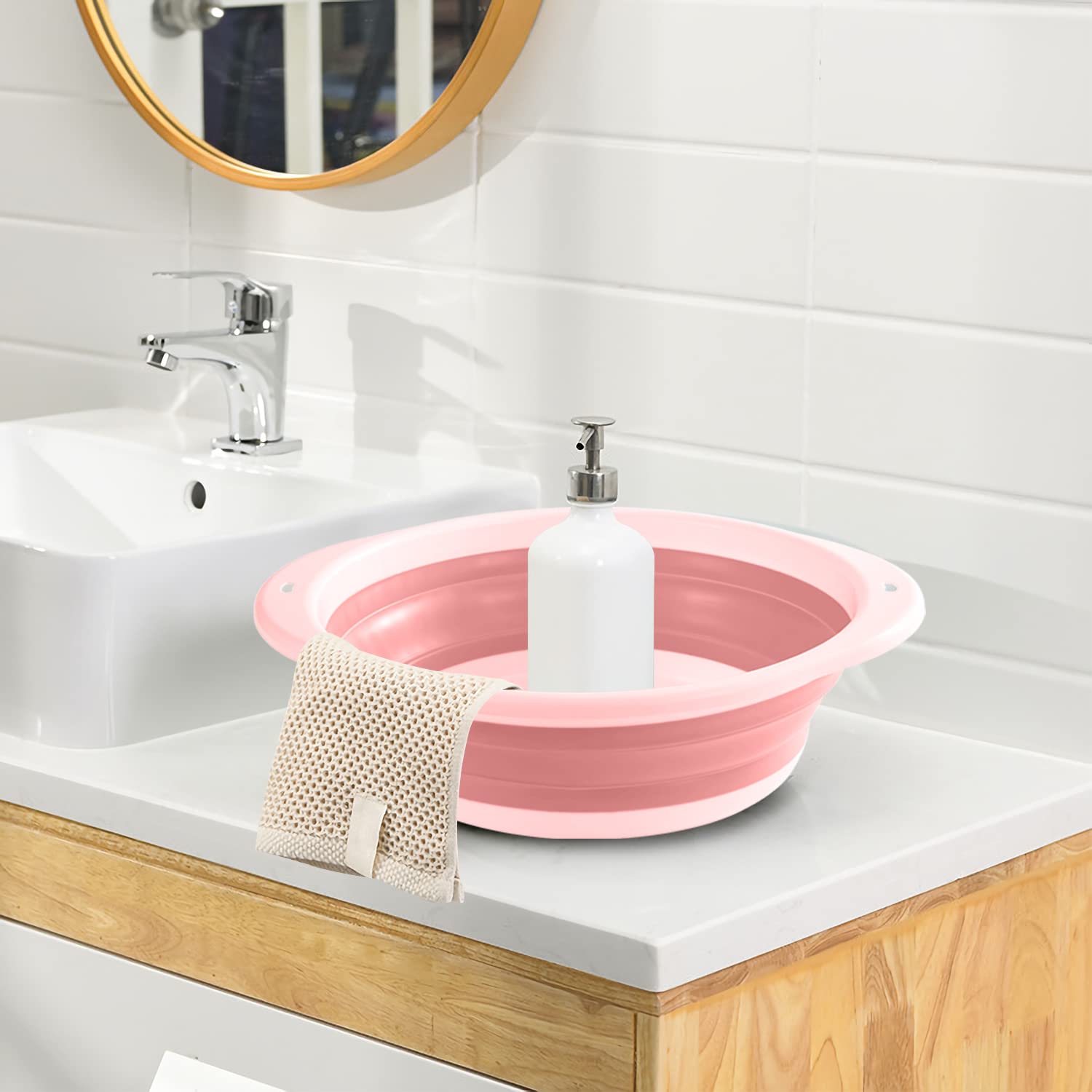 Iimin 5L Multifunctional Foldable Washbasin Collapsible Portable Wash Basin Dishpan Outdoor Travel Portable Washbasin for RV, Camping, Marine, BBQ(2Pack,Pink)