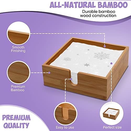 KOVOT Bamboo Napkin Holder β 7"W x 7"W Flat Square Natural Wooden Napkin Tray β Table Top Decorative Tissue Paper Dispenser for Kitchen, Luncheon & Dining Table
