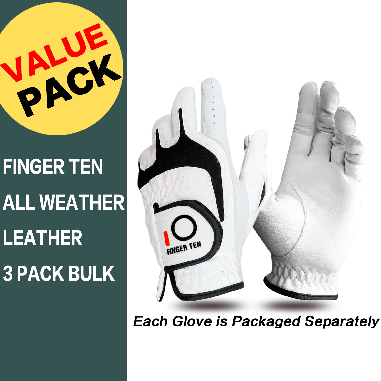 FINGER TEN Golf Gloves Men Right Left Handed Golfer 3/6 Pack Mens Golf Glove Left Right Hand Soft Cabretta Leather All Weather Grip Size S M ML L XL (White-3 Pack, Medium, Left)