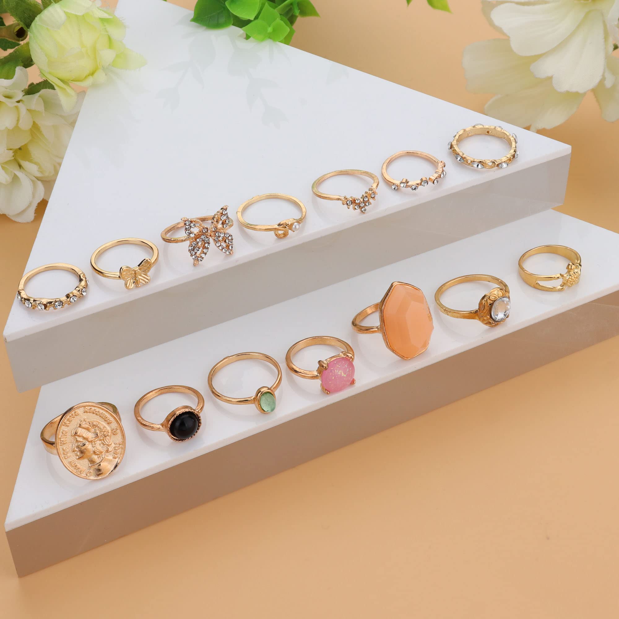 FIBO STEEL 82 Pcs Vintage Gold Knuckle Rings for Women Bohemian Midi Stackable Rings Boho Butterfly Snake Crystal Stacking Rings Pack Gold Tone