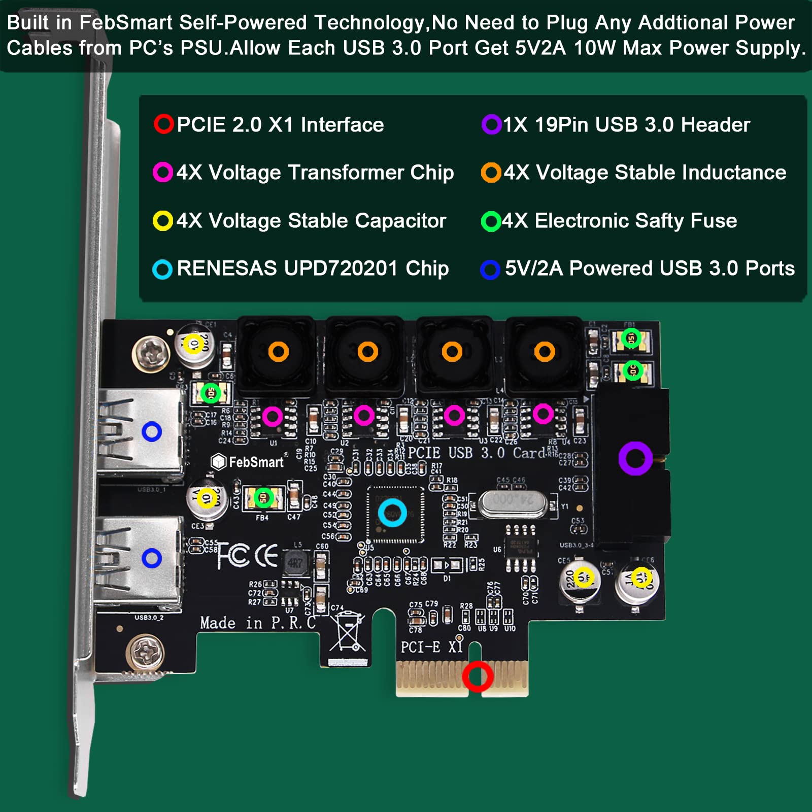 FebSmart 1X 19Pin USB 3.0 Header and 2X USB-A Ports PCIE USB 3.0 5Gbps Expansion Card for Windows and Linux Desktop PCs, Built in Self-Powered Technology, No Need Additional Power Supply (FS-HA-Pro)