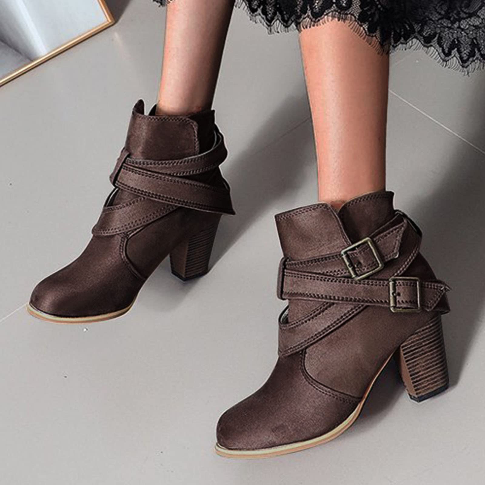 Foldap Fall Boots for Women 2022,Women's Fashion Closed Toe Multi Strap Ankle Bootie Block Hee Faux Leather Booties Chelsea Boots