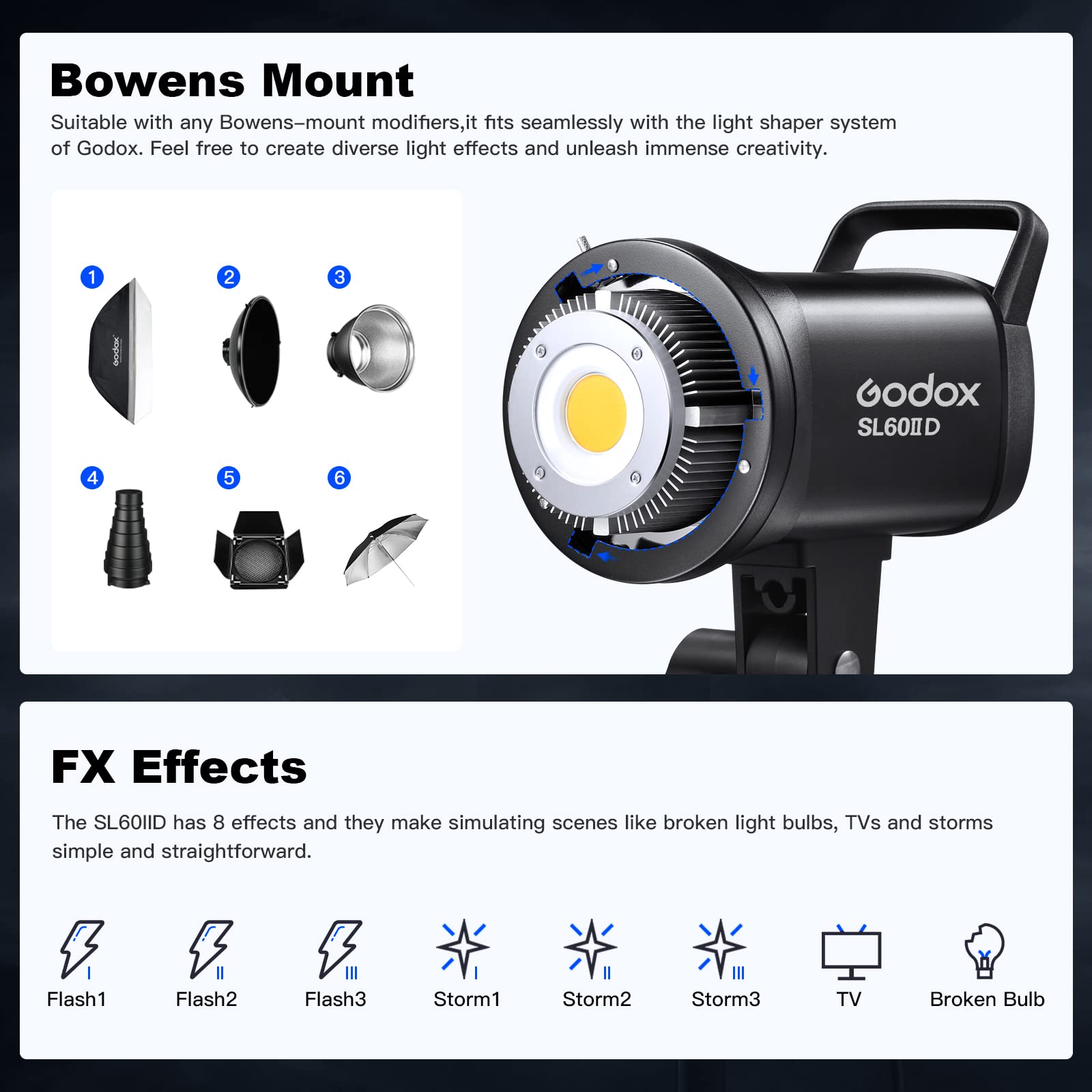 Godox SL60IID LED Video Light,60Ws White 5600K Version Countinuous Output Lighting with Bowens Mount,CRI 96+ TLCI97+,for Video Recording Wedding Product Photo... (3 Pack)
