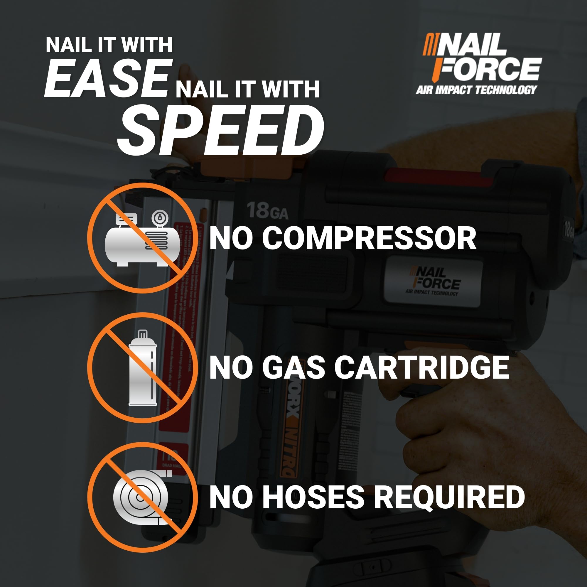 WORX Nitro 20V 18GA Cordless Brad Nailer, Cordless Nail Gun, Nail Gun Battery Powered, Up to 2 Inch, Tool-Free Jam Release, Trimming & Molding, Baseboard WX842L PowerShare – Battery, Charger Included