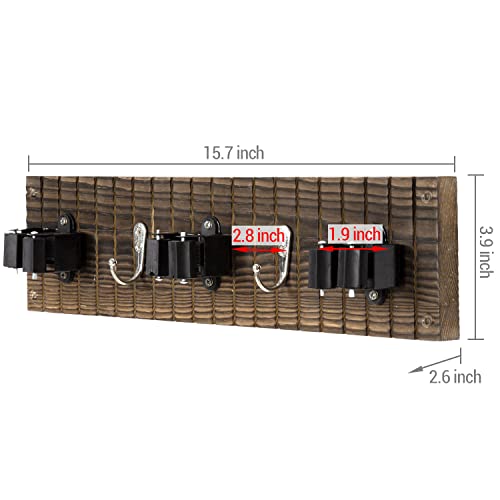 MyGift Wall Mounted Rustic Solid Burnt Wood Mop and Broom Holder Rack with Roller Clips and Vintage Brass Metal Hooks, Utility Room Organizer Storage Cleaning Tool Rack