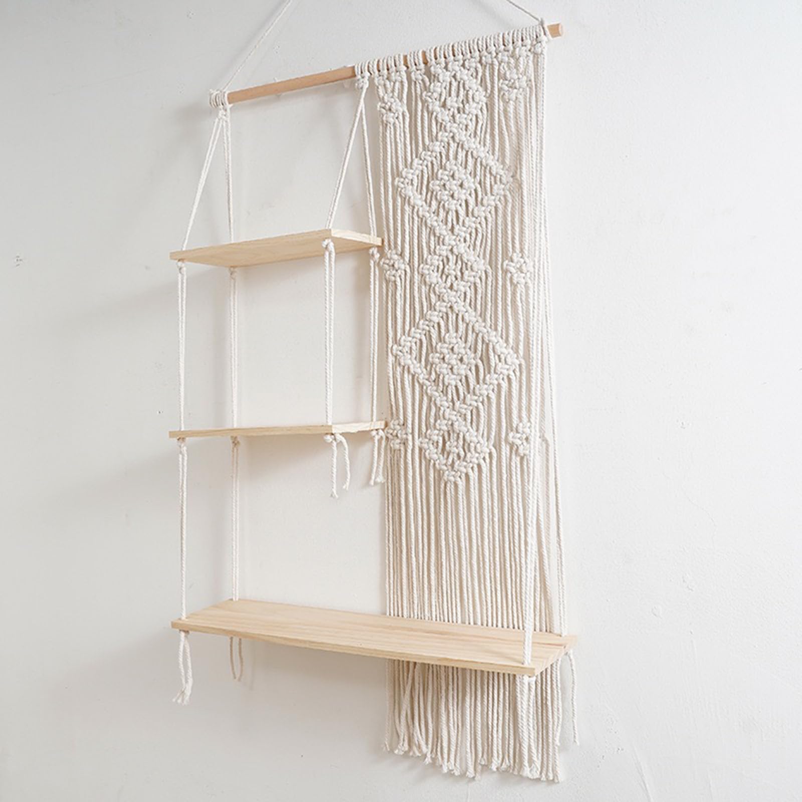 MIATTCLD Macrame Wall Hanging Shelf Boho Wood Floating Storage Shelf, 3 Tier Display Shelving for Hanging Plants Photos, Rustic Wall Decor with Tassel and Woven Rope for Home Bedroom Living Room