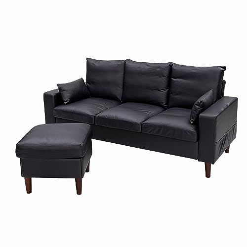 Panana Convertible Sectional Sofa Couch, 3 Seat L-Shaped Couch with Ottoman Set, Modern Balck Leather-Like Fabric Couches for Living Room, Office, Small Space (3 Seater with Ottoman)