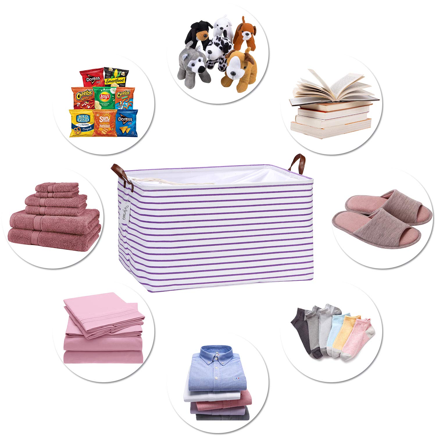 Hinwo 2-Pack Extra Large Canvas Fabric Storage Baskets with Handles, 70L Oversized Storage Bins, Collapsible Storage Box, Clothes, Toys, Blankets Organizers, 22 x 15 x 13 inches, (Purple Stripe)