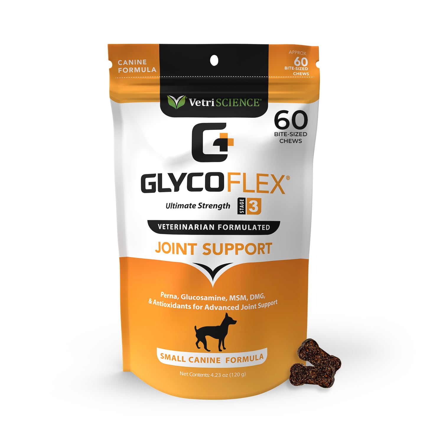 VetriScience Glycoflex 3 Clinically Proven Hip and Joint Support Supplement for Small Dogs - Maximum Strength Dog Supplement with Glucosamine, MSM, Green Lipped Mussel & DMG - 60 Chews,Chicken Flavor
