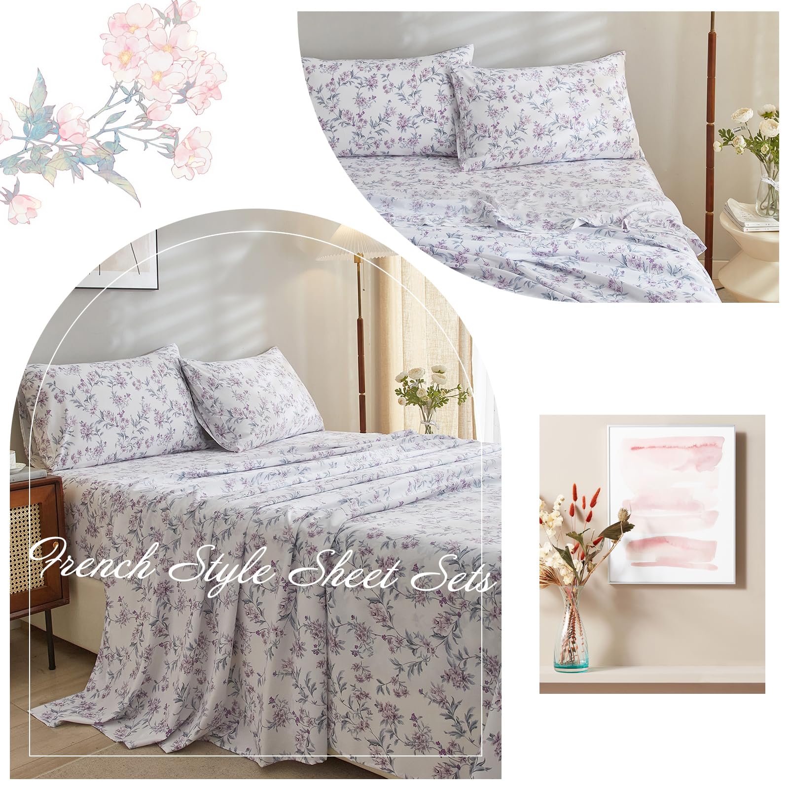 VClife Modern Girl Floral Printed Sheets Cooling Soft Washed Microfiber Pink Green Floral Branches King Size Bed Sheets 16" Extra Deep Pocket Design Bedding Sets - Shrink Resistant, Skin-Friendly