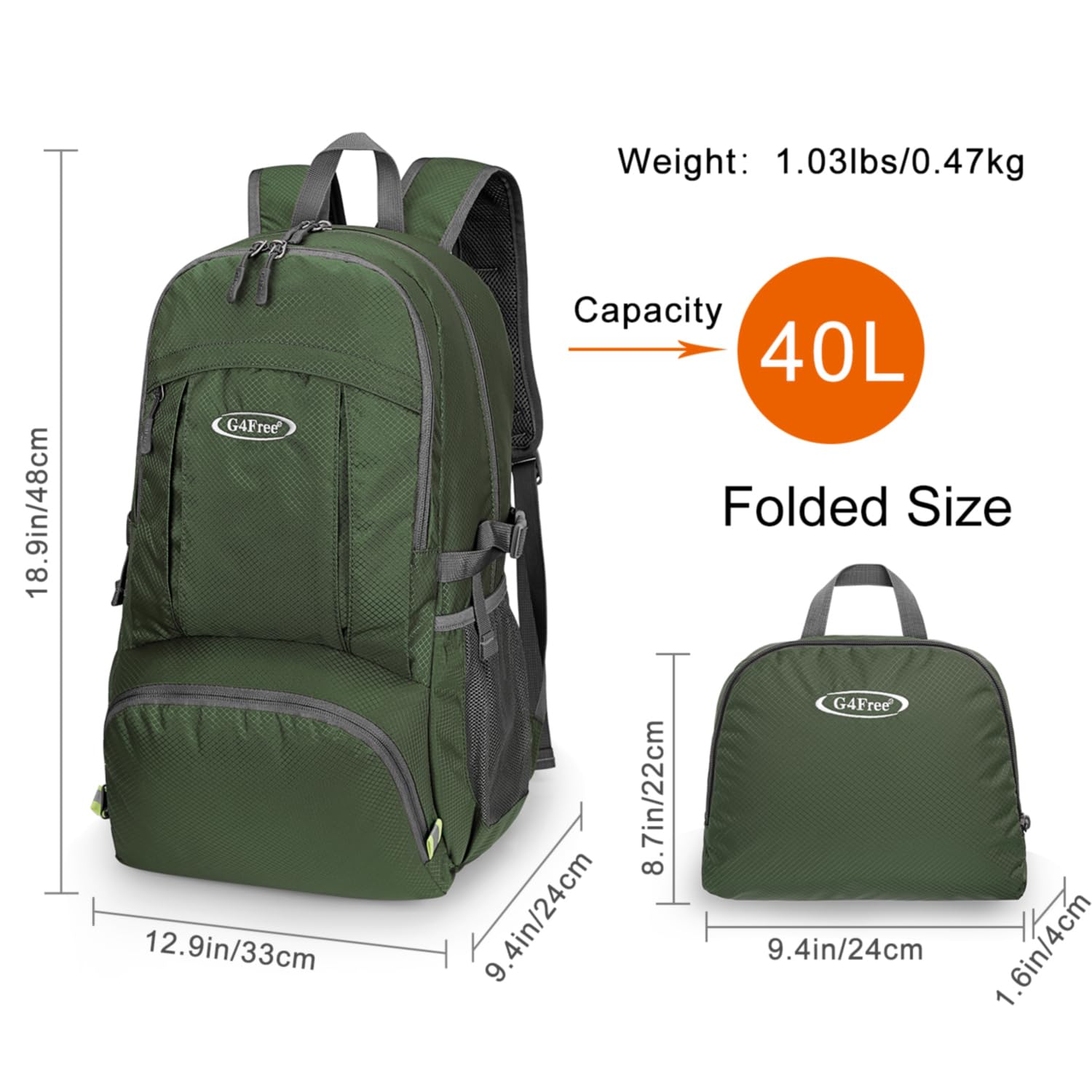 G4Free 40L Lightweight Packable Hiking Backpack with Wet Pocket, Waterproof Handy Foldable Camping Outdoor Travel Daypack
