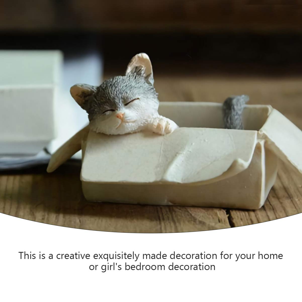 Garneck Resin Cat Figurines Little Kitty Sleeping in Box Statue Realistic Kitten Collection Crafts for Living Room Bedroom Garden (Grey)