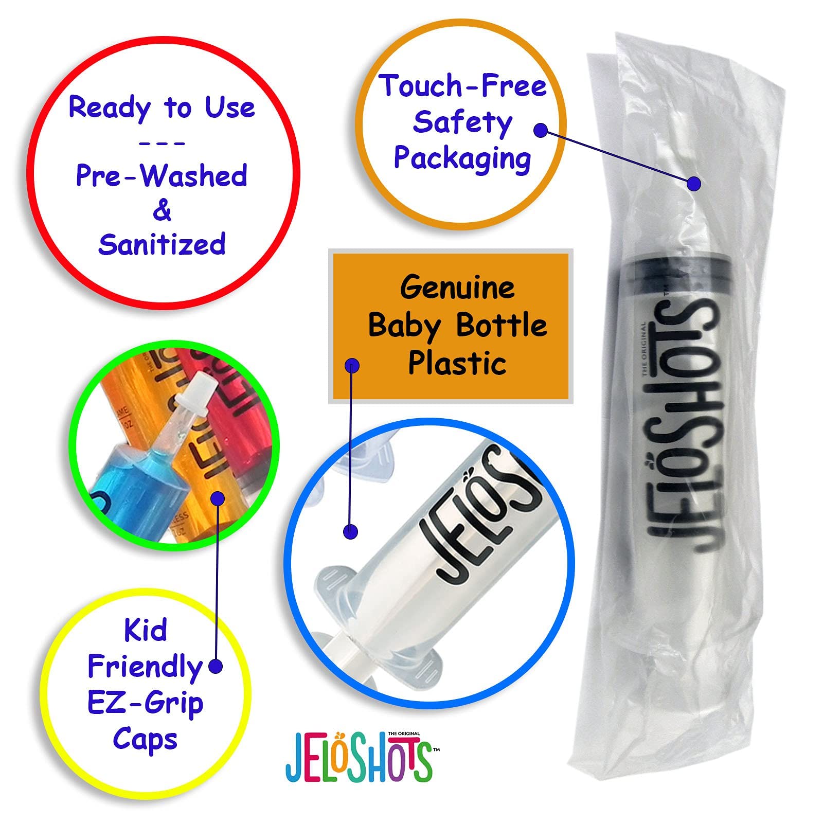 Jello Shot Syringes 64-Pack, Medium (up to 2oz), The Original JeloShots Jello Shot Inject Syringes with Easy-Grip Caps, in Resealable EZ Zip Bag Package