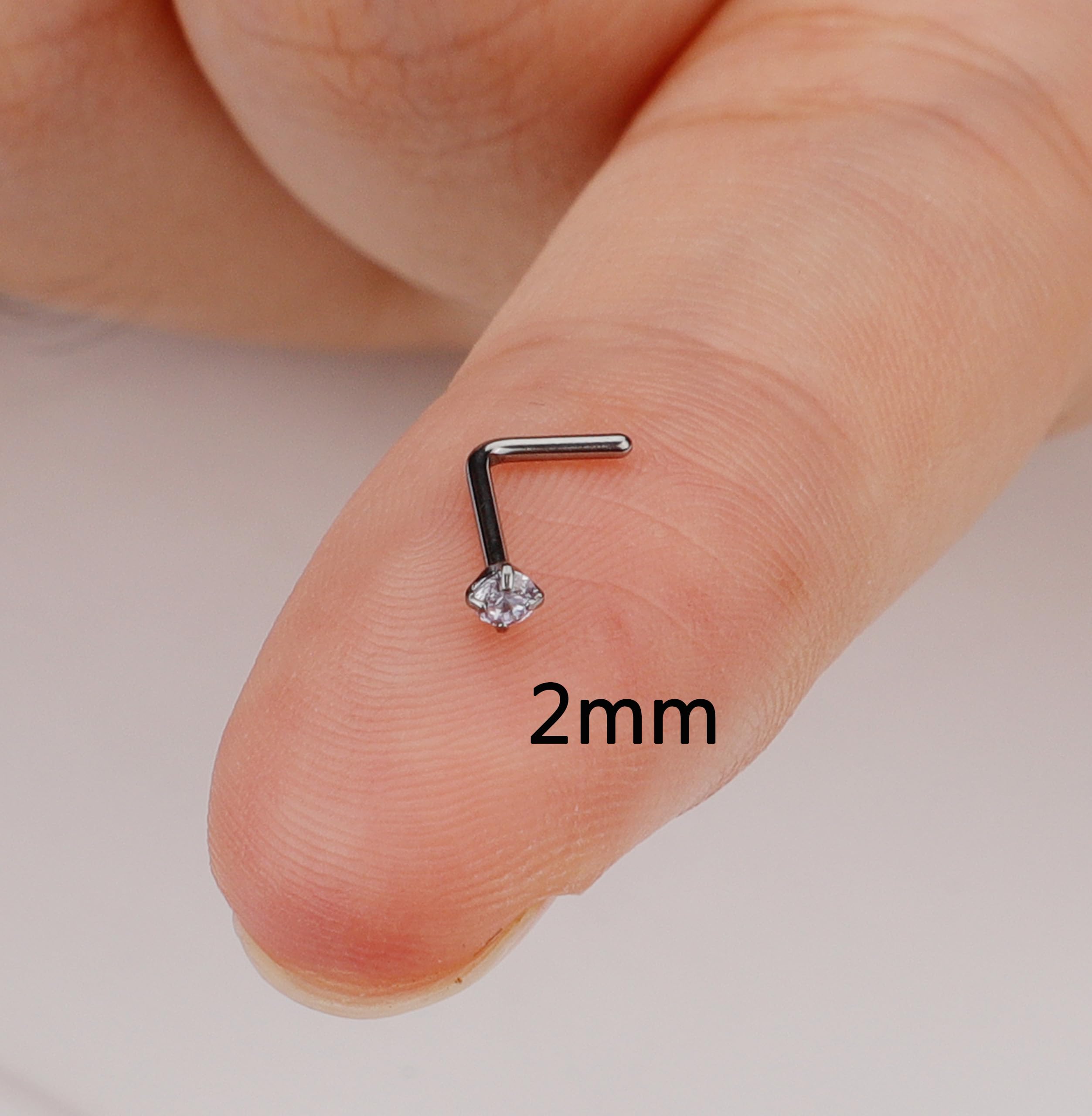 Enticera 2mm G23 Titanium Nose Rings Studs for Sensitive Skin 20g Handmade Small L Shaped Nose Rings for Women Men Round CZ Nose Piercing Jewelry White