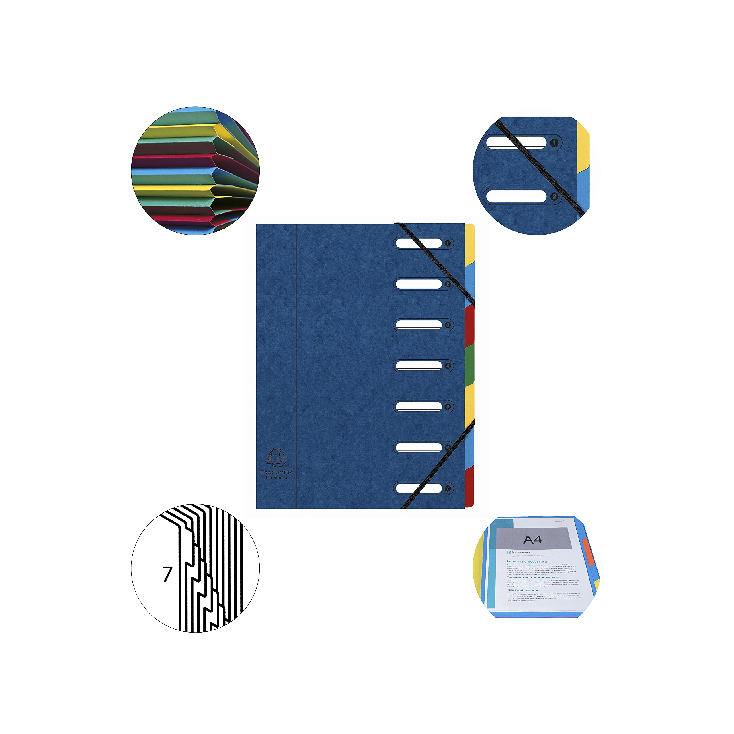 Exacompta - Ref 55122E - Harmonika Multipart File - 24.5 x 32cm in Size, Suitable for A4 Documents, 12 Multi-Coloured Tabbed Sections, Premium Pressboard Cover - Blue Cover