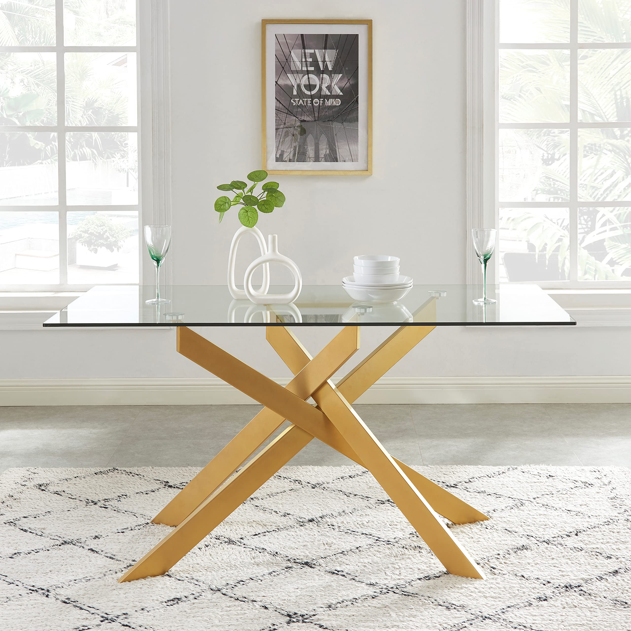 Edwin's Choice 58.5” Rectangle Glass Dining Table, Tempered Glass Table Top and Metal Tubular Legs, Modern Style Table for Home, Kitchen, Dining Room 58.5”Lx29”Wx30”H, Gold (Table Only)