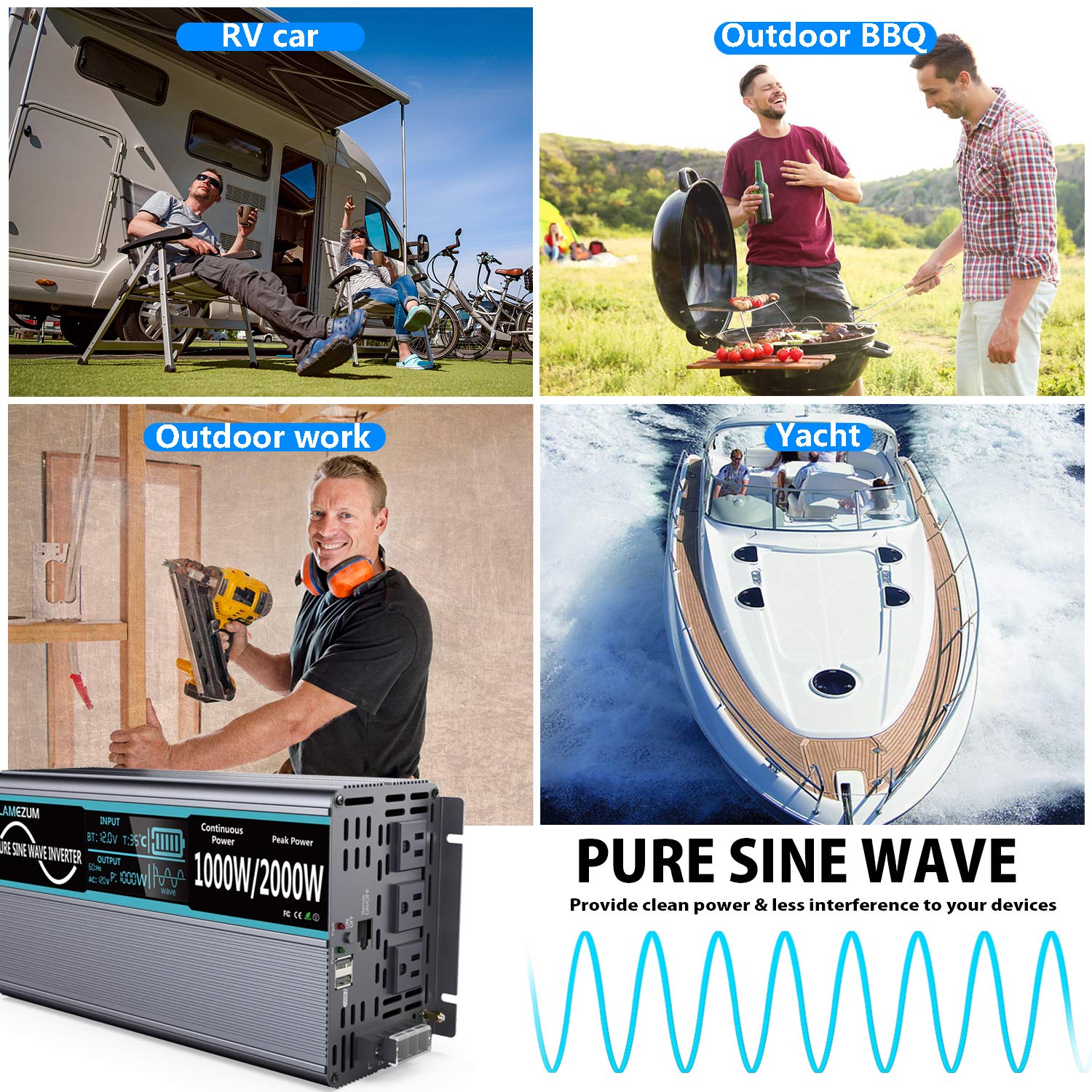 FLAMEZUM 1000W Continuous/2000W Peak Pure Sine Wave Inverter DC 12V to AC 110V Car Power Inverter with Remote Control 3 AC Outlets & 2A USB Output