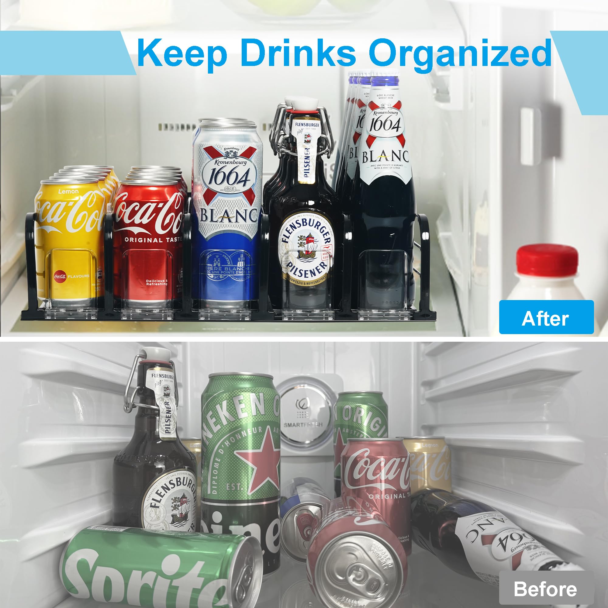 PICOCA Drink Organizer for Fridge, 5 Rows Drinks Organizer for Refrigerator with Pusher Glide