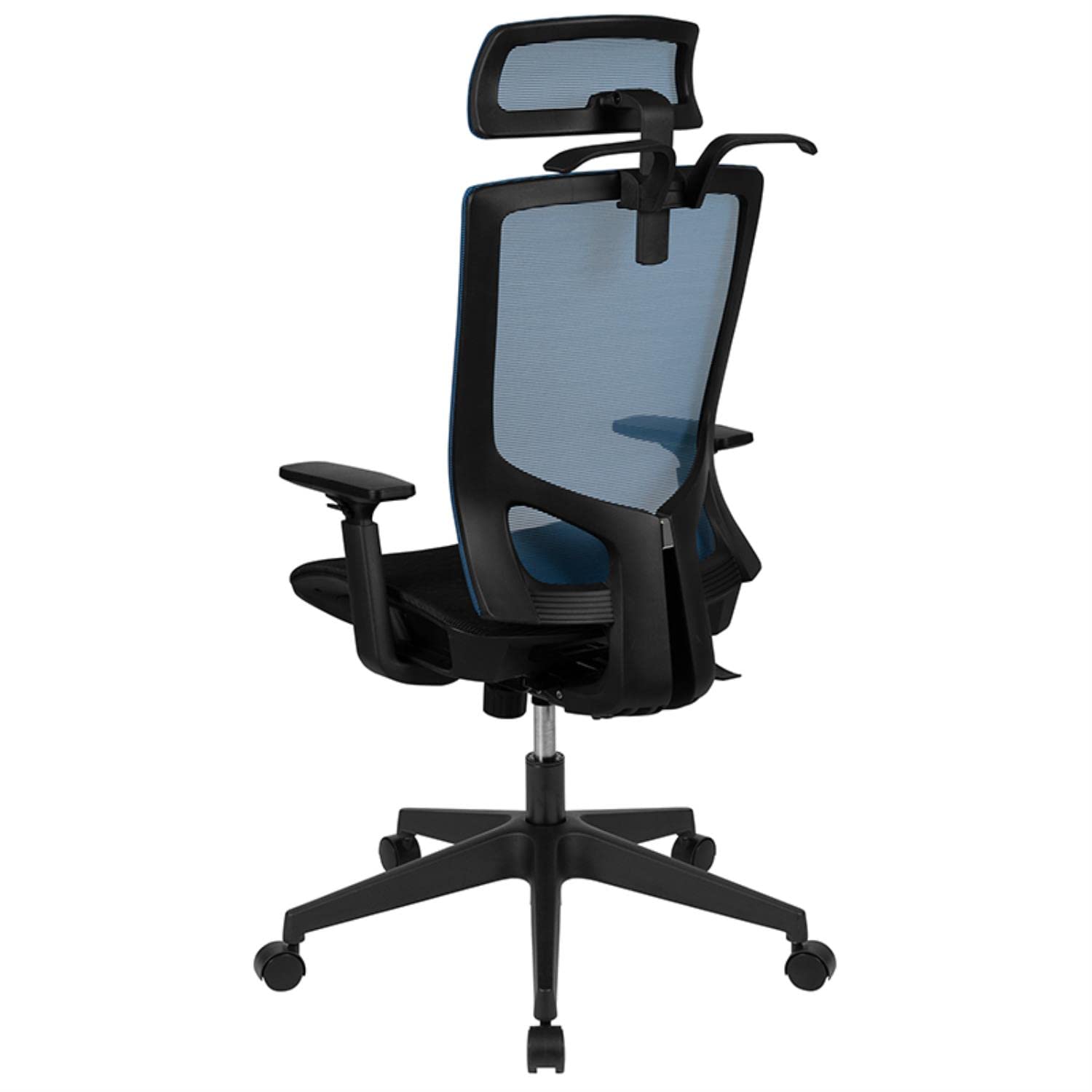Flash Furniture Layla Ergonomic Mesh Office Chair with Synchro-Tilt, Pivot Adjustable Headrest, Lumbar Support, Coat Hanger and Adjustable Arms in Blue/Black