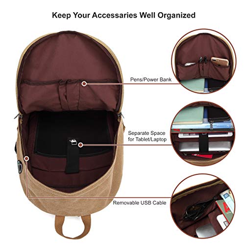UNIWALK Canvas Laptop Backpack, Waterproof College Backpack With USB Charging Port For Men Women, Vintage Anti-theft Travel Daypack Rucksack Fits up to 15.6 inch Computer(Brown)