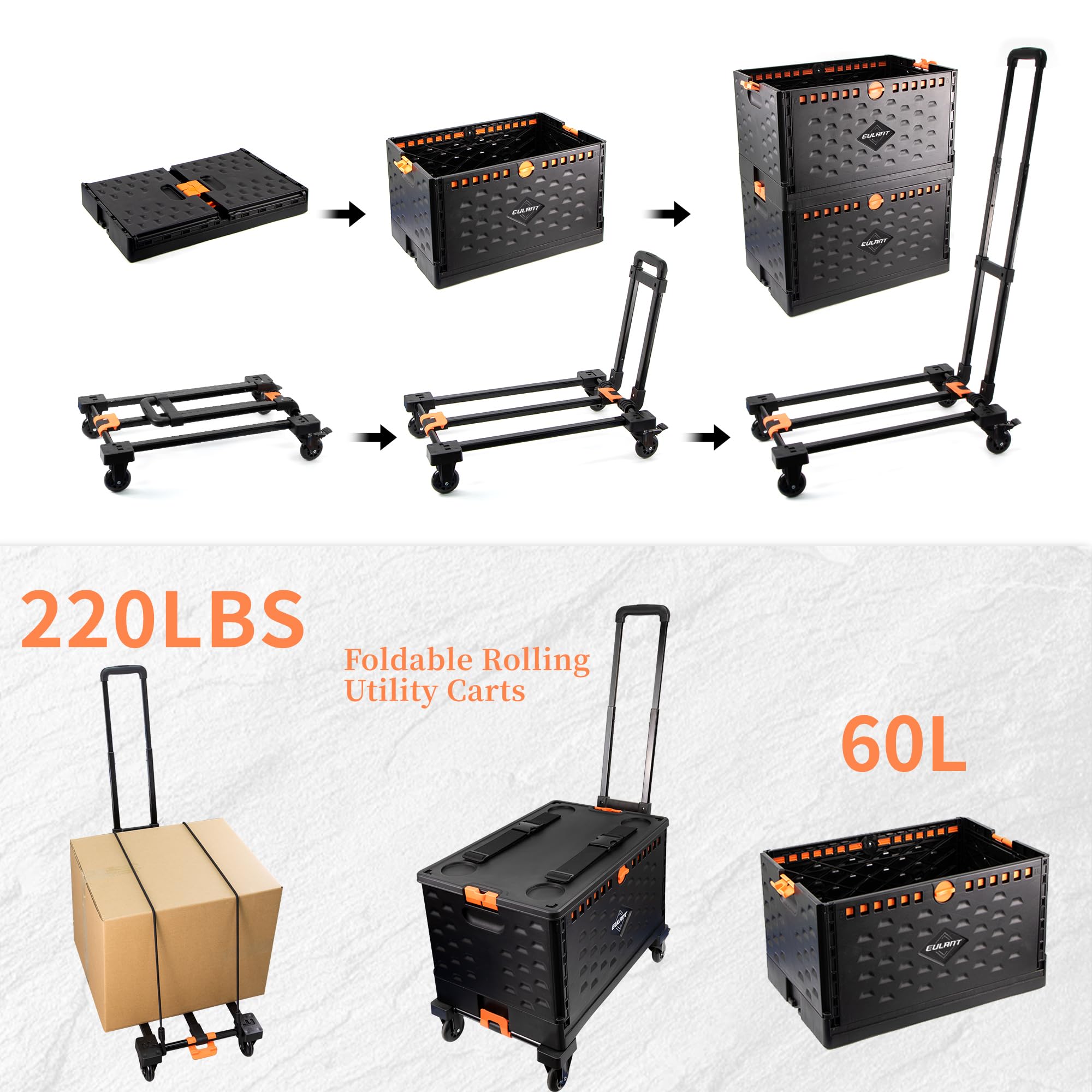 EULANT Foldable Rolling Utility Carts with Wheels, Collapsible Crate Handcart with Telescopic Handle, Large Capacity Folding Shopping Cart for Travel Moving Luggage Office Grocery