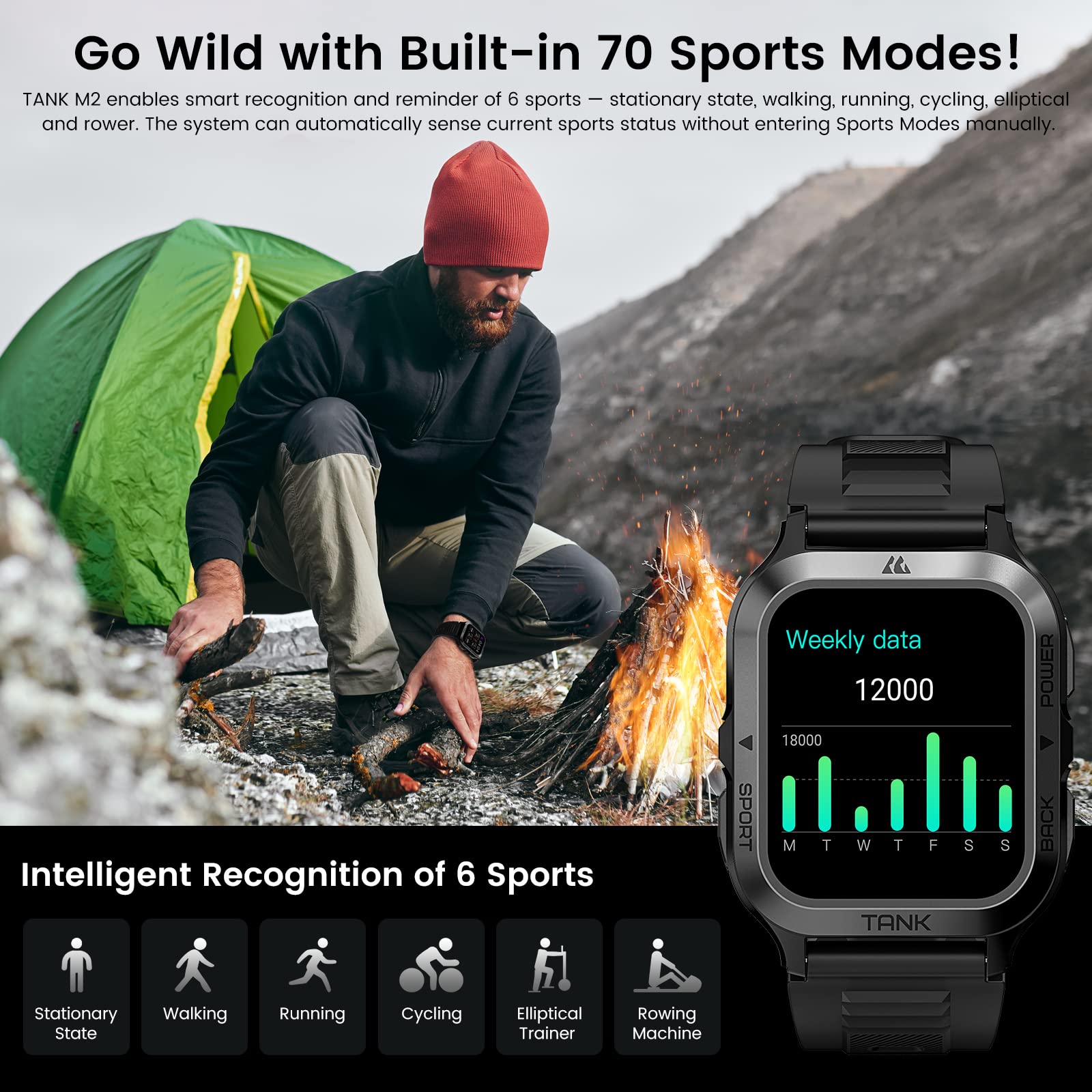 KOSPET Smart Watch for Men - Rugged Military Smart Watch for iPhone and iOS, 50 Days Long Battery Life, Bluetooth Answer/Make Call, 1.85'' Large HD Display, 70+ Sports Modes