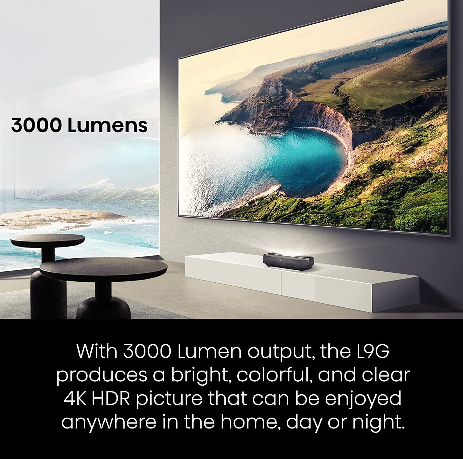 Hisense 100L9G 4K UHD Tri-Laser Ultra Short Throw Projector - 3000 Lumens Android TV HDR10 Dolby Atmos 40W Audio, Built-in Alexa & Google Assistant, Laser TV for Home Theater - Projector Only