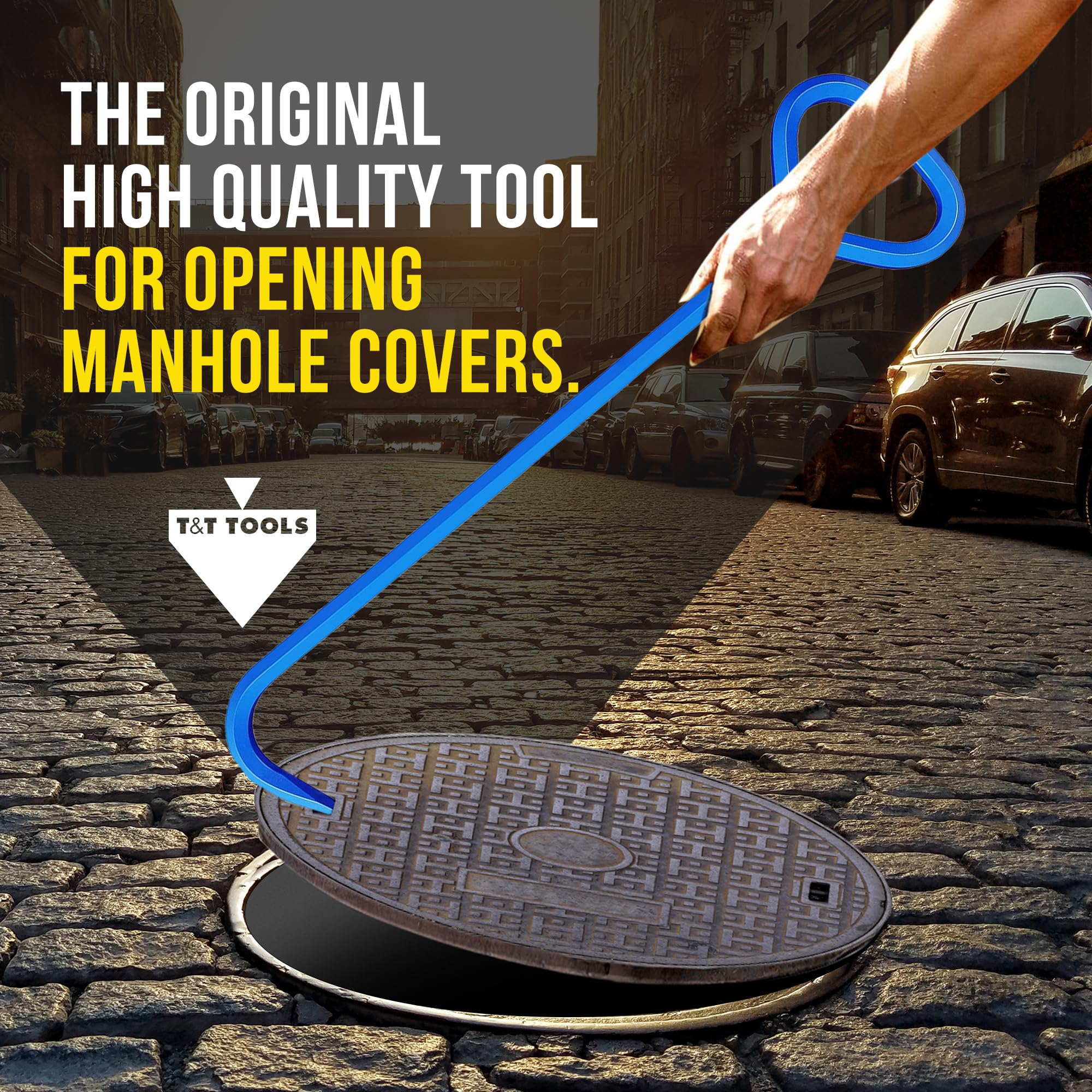 T&T Tools 24-Inch Manhole Hook Tool - Heavy Duty Single Hook for Lifting Manhole Covers, Storm Drains, Septic Tank Risers - Rigid Hex Alloy Steel Tool for Lifting, Pulling, and Removing Covers-1 Pack