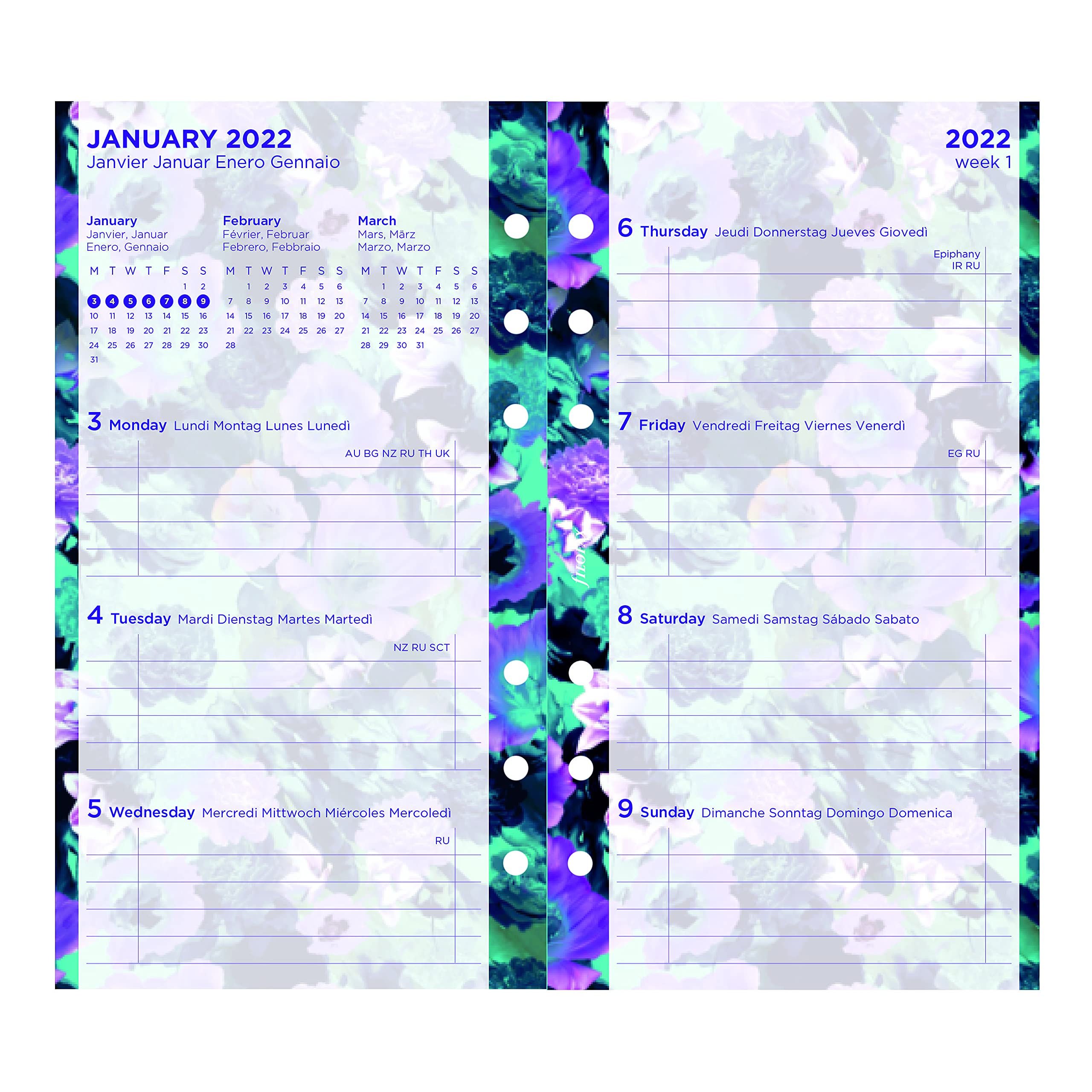 Filofax Refill, Personal/Personal Compact Size, Week-to-View, Illustrated Floral Diary Pack with Four-Color Print Design, Multilingual: Five Languages, 2022 (C6341-22)
