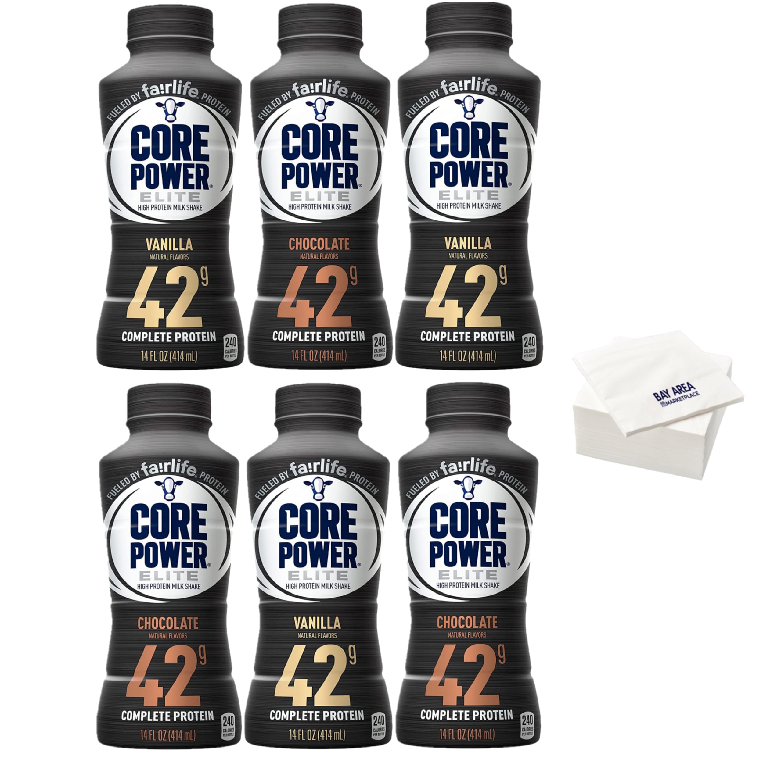 Fairlife Core Power Elite High Protein Shake Chocolate & Vanilla, 14oz Bottles, (Pack of 6) with Bay Area Marketplace Napkins