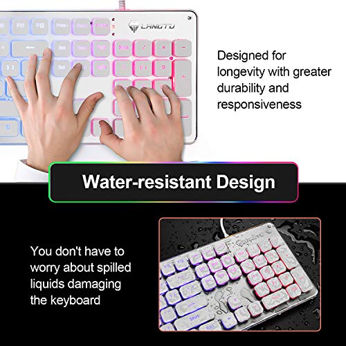 LANGTU Membrane Gaming Keyboard, Rainbow LED Backlit Quiet Keyboard for Office, USB Wired All-Metal Panel 25 Keys Anti-ghosting Computer Keyboard 104 Keys - L1 White/Silverā¦