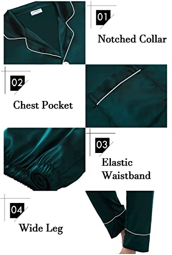 SWOMOG Women's Silk Satin Pajamas Loungewear Two-piece Sleepwear Button-Down Pj Set S-XXL Deep Green