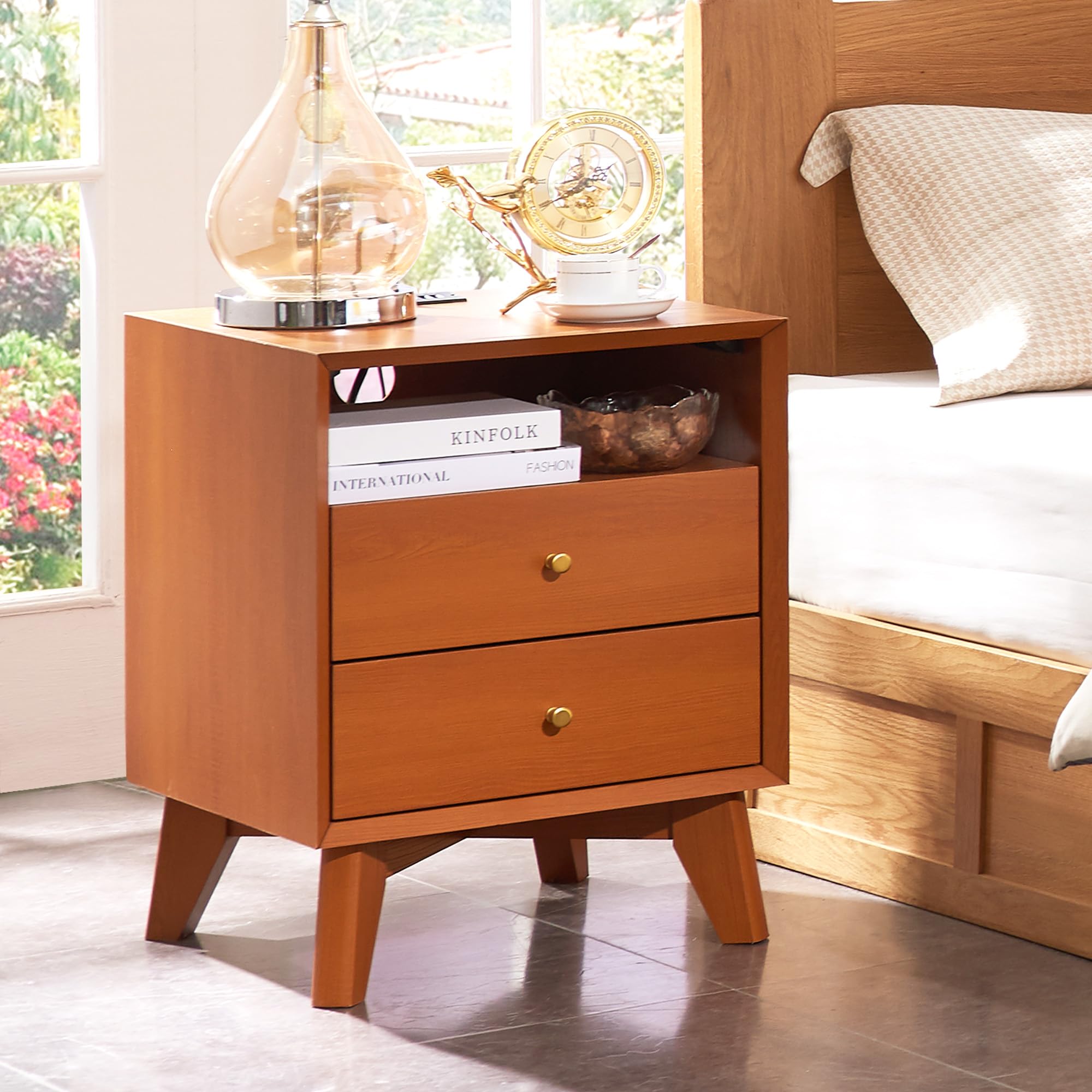 T4TREAM Nightstand with Charging Station, 18" Mid Century Modern Side Table, 2 Drawer Dresser, End Table w/Storage, Bedside Table for Bedroom, Living Room, Beveled Profile Design, Natural Oak