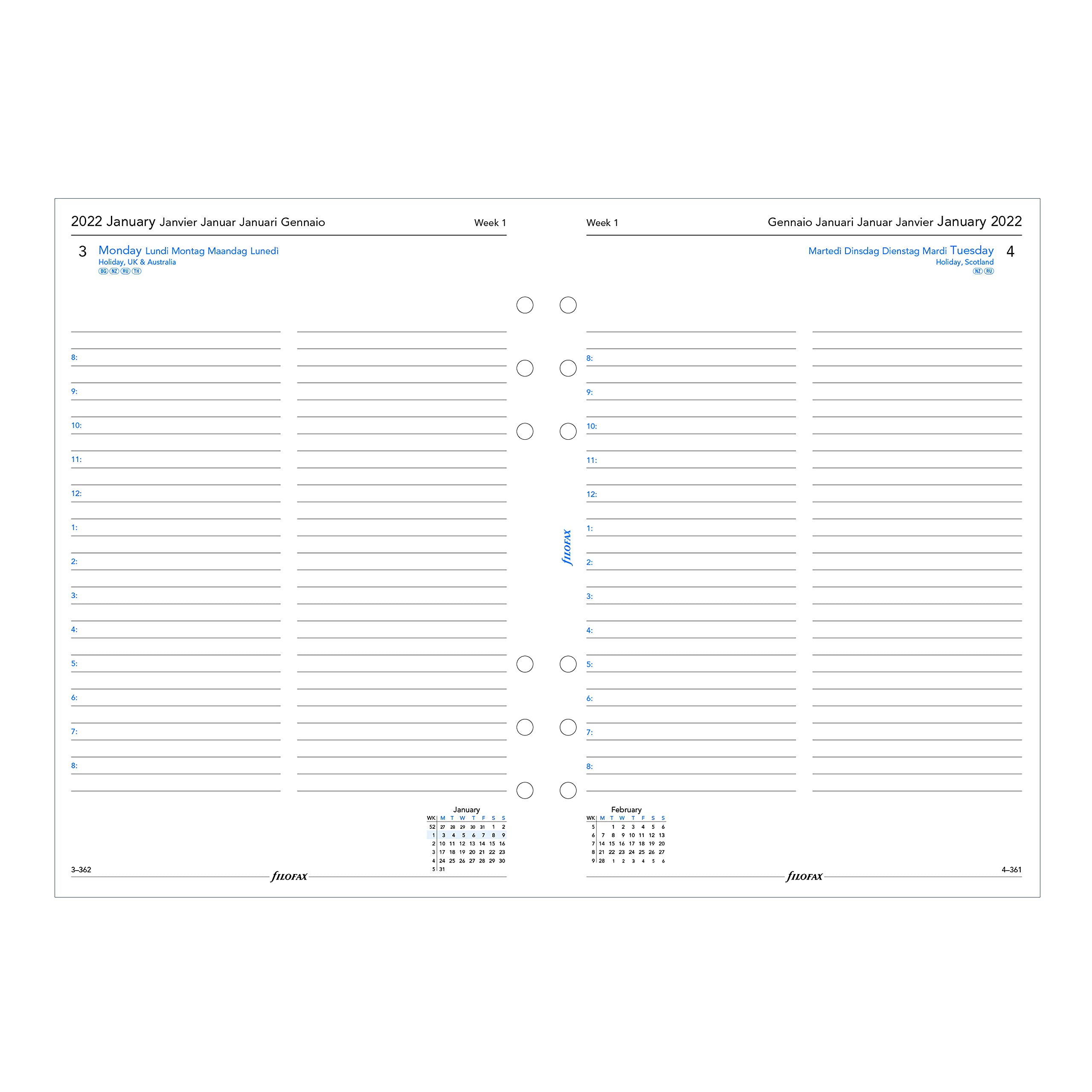 Filofax Refill, A5 Size, Day on One Page with Appointments, White Paper, Multilingual: Five Languages, 2022 (C68515-22), 5.75 inches X 8.25 inches