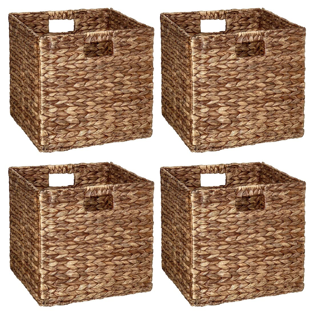 IsVie Woven Hyacinth Storage Baskets 4 Pack, Rectangle Storage Container Organizer Baskets with Built-in Handles Home Organizing Laundry Organizer Cube Baskets (Brown, Set of 4)