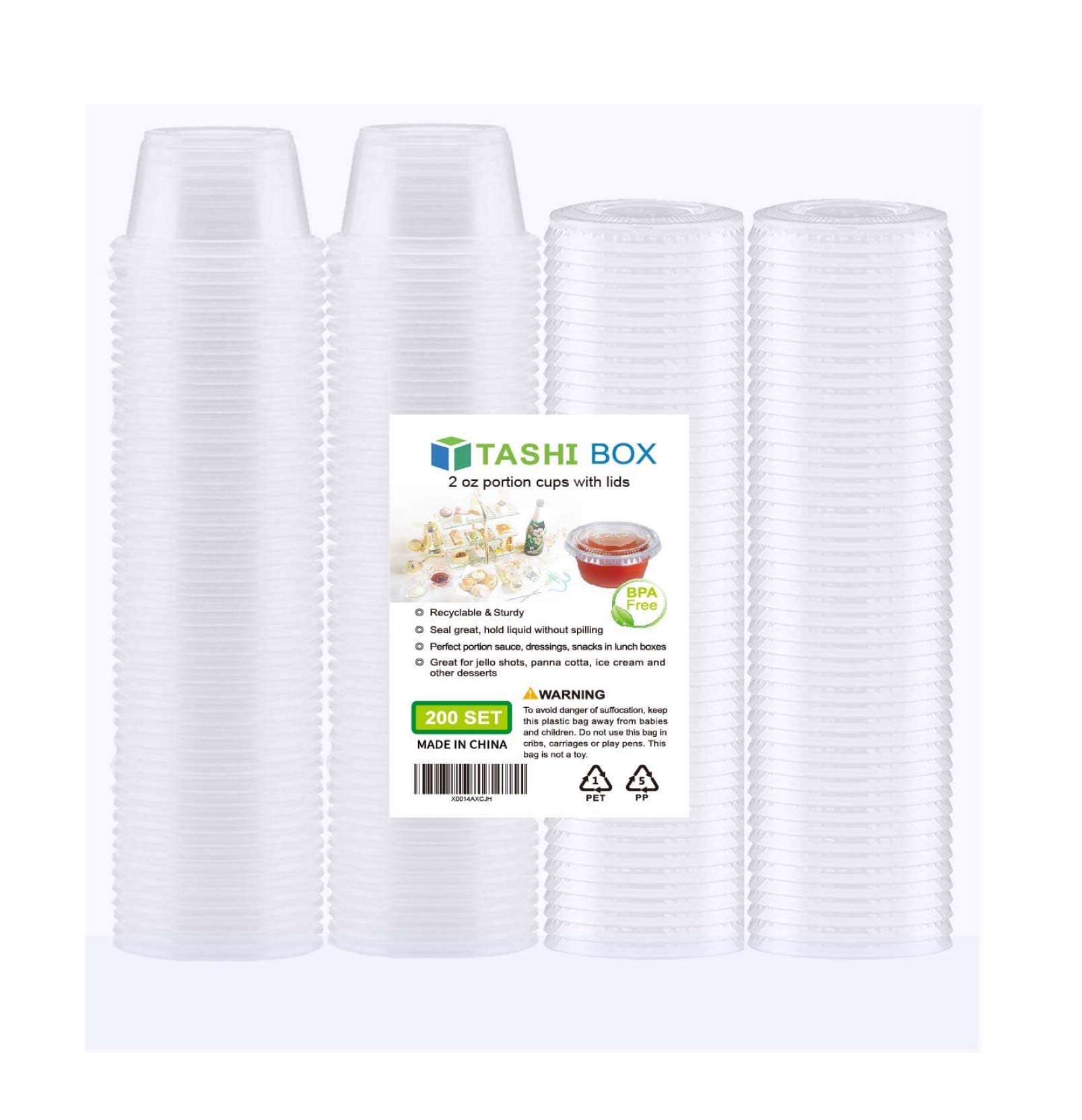 TashiBox 200 Sets - 2 Ounce Disposable Plastic Jello Shot Cups with Lids, Souffle Portion Container…