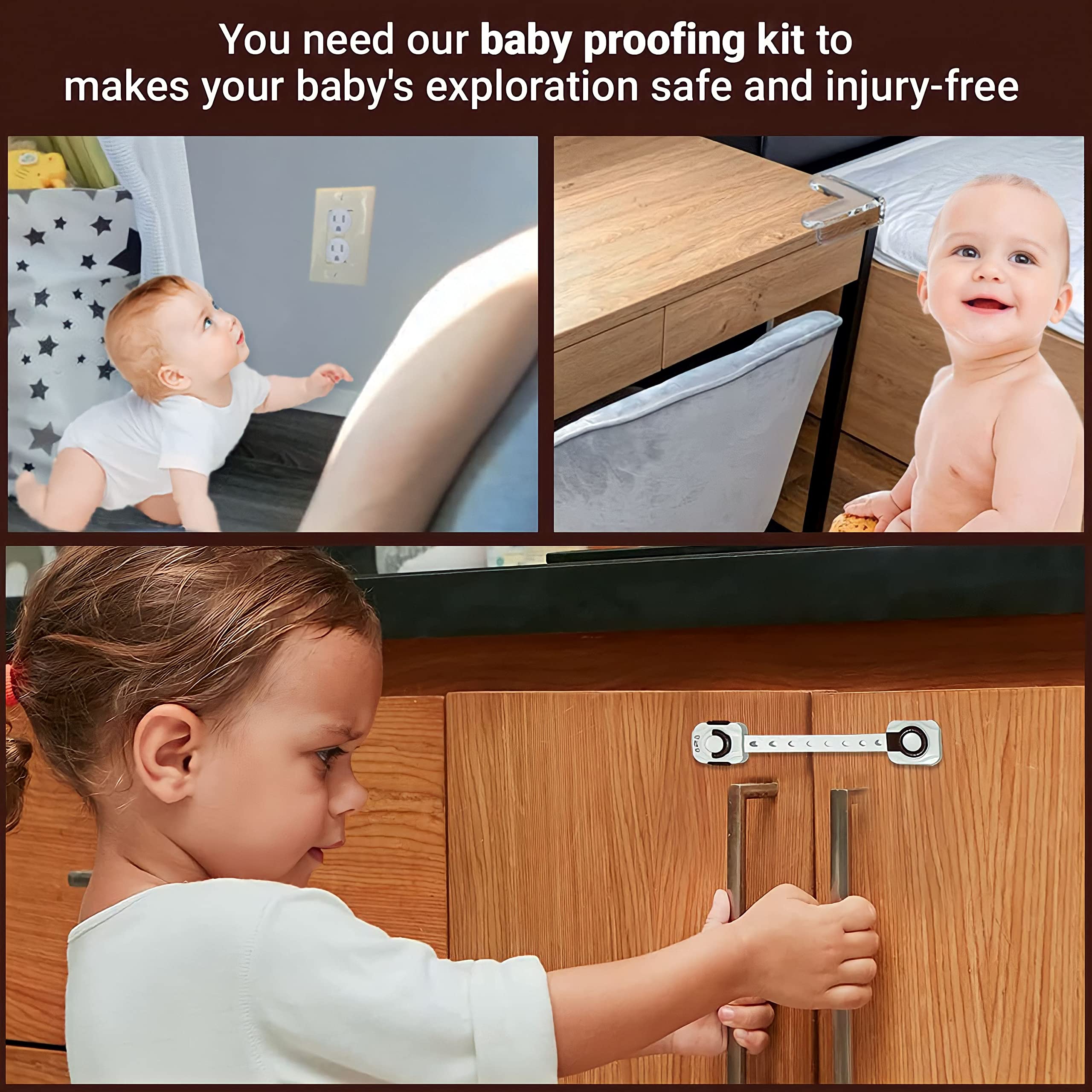 KP'S Baby Proofing Kit - 10 Child Proof Cabinet Locks for Babies - 8 Baby Proofing Outlet Covers - 8 Corner Protector Baby - Extra 10 + 12 Adhesives - 26 Pack (White)