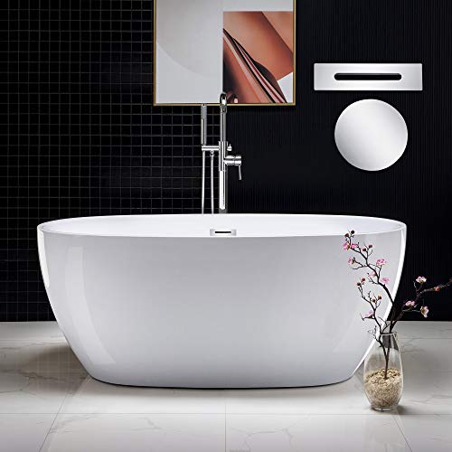 WOODBRIDGE 59" Freestanding White Acylic Soaking Bathtub with Chrome Drain and Overflow,BTA1518 -C-Drain &O