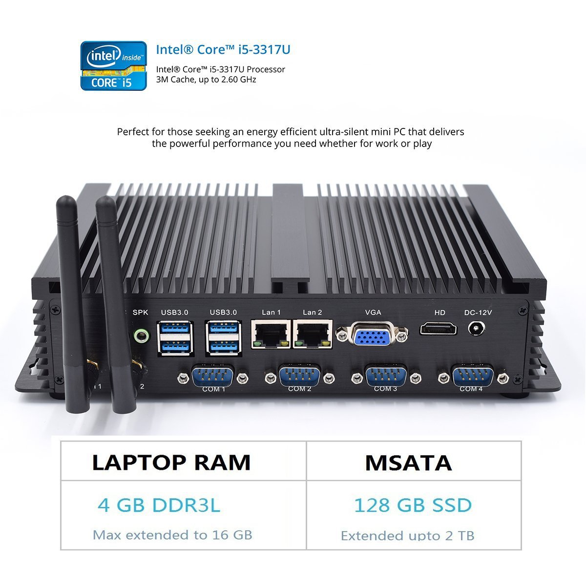 IDEARACE Powerful Fanless Mini PC, Intel Core i5-3317U CPU W-11 Pro Industrial Desktop Computer, 8GB RAM 256GB SSD, 4xCOM RS232, 4xUSB 3.0, 2xNICs, HD, VGA, Metal Case