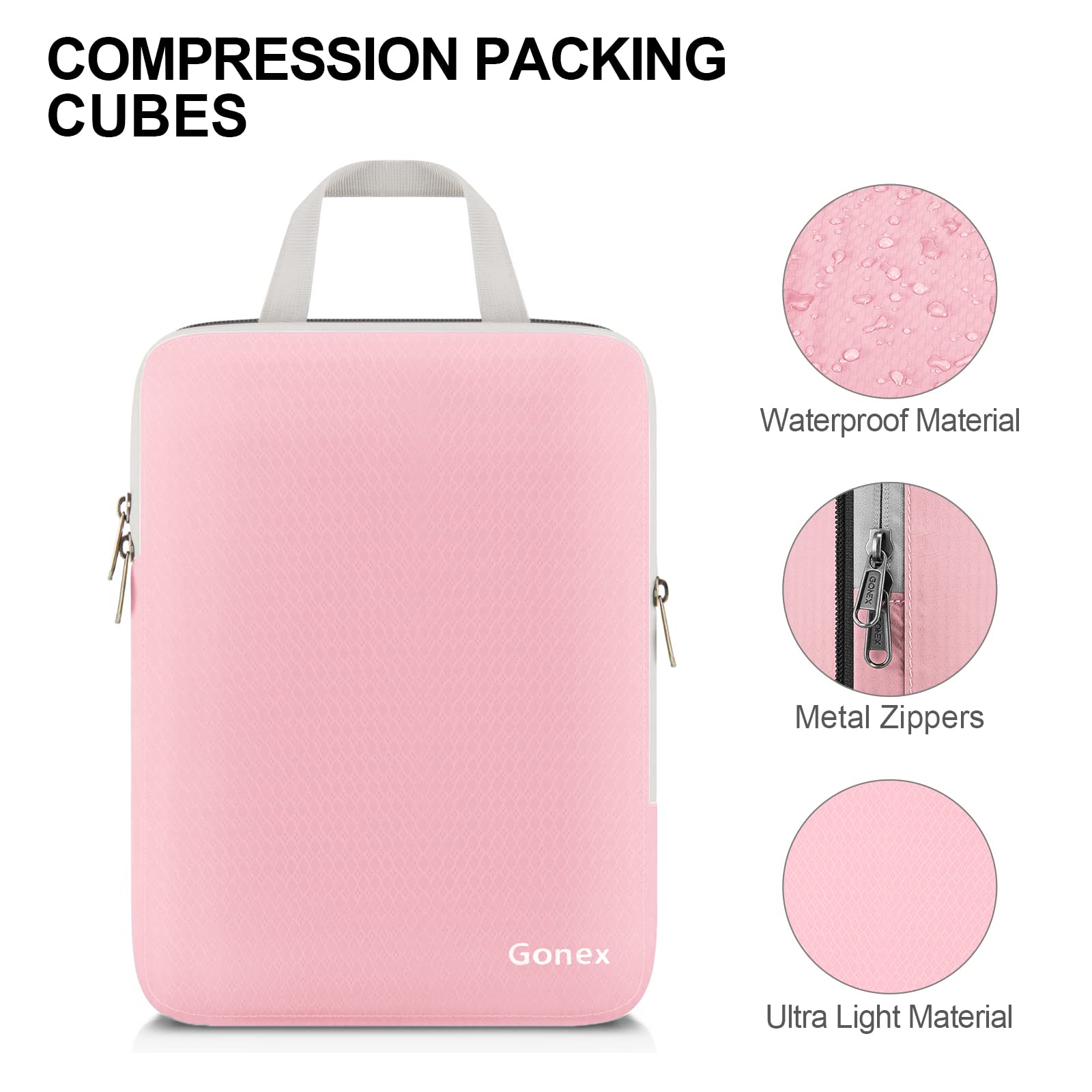 Gonex Compression Packing Cubes, 4pcs Expandable Storage Travel Luggage Bags Organizers (Pink)