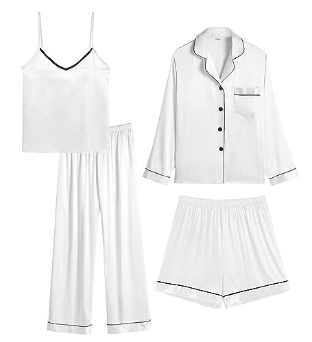 SWOMOG Womens Silk Satin Pajamas Set Three-piece Pj Sets Sleepwear Loungewear Button-Down Pj Sets White