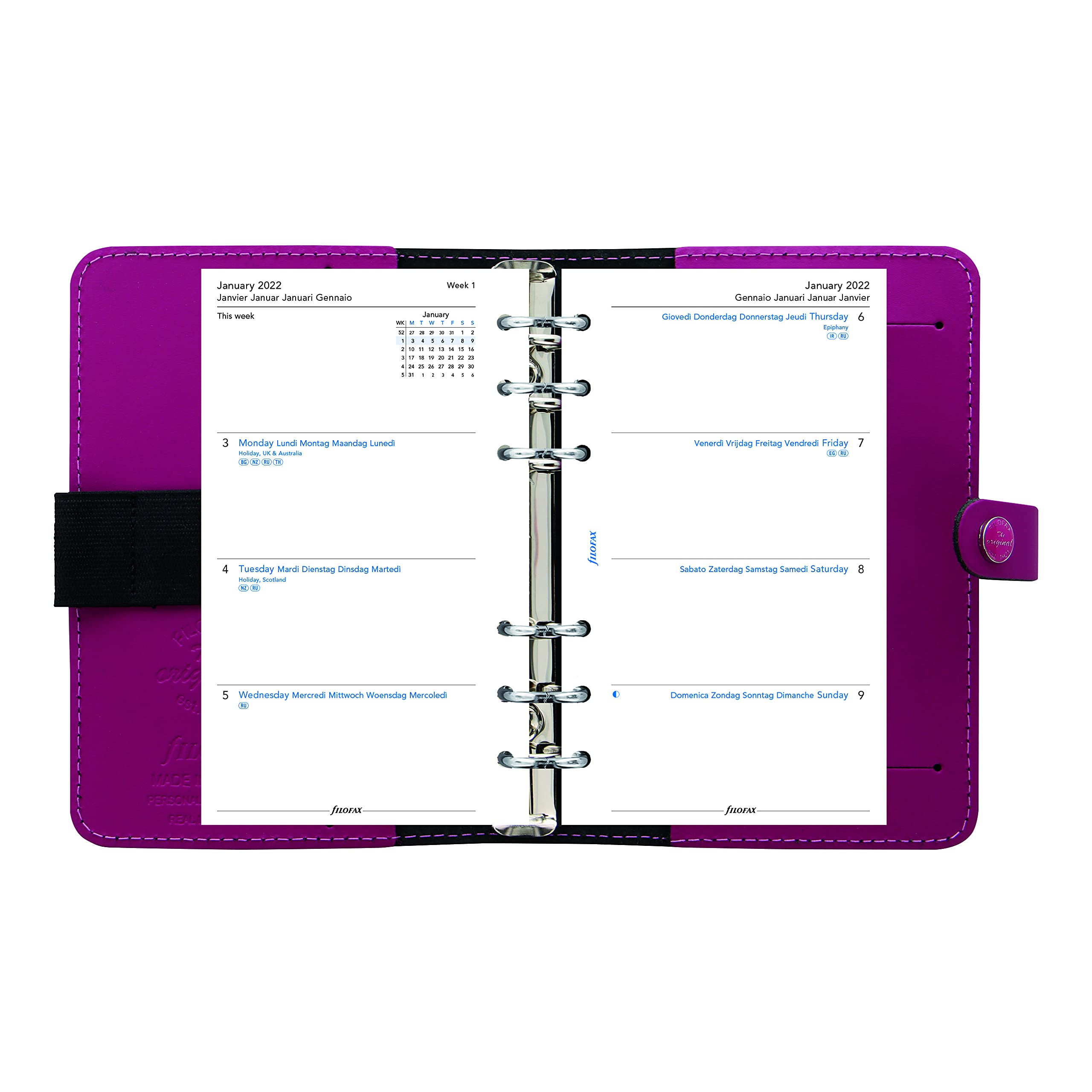 Filofax The Original Organizer, Personal Size, Raspberry - Leather, Six Rings, Week-to-View Calendar Diary, Multilingual, 2022 (C026088-22)