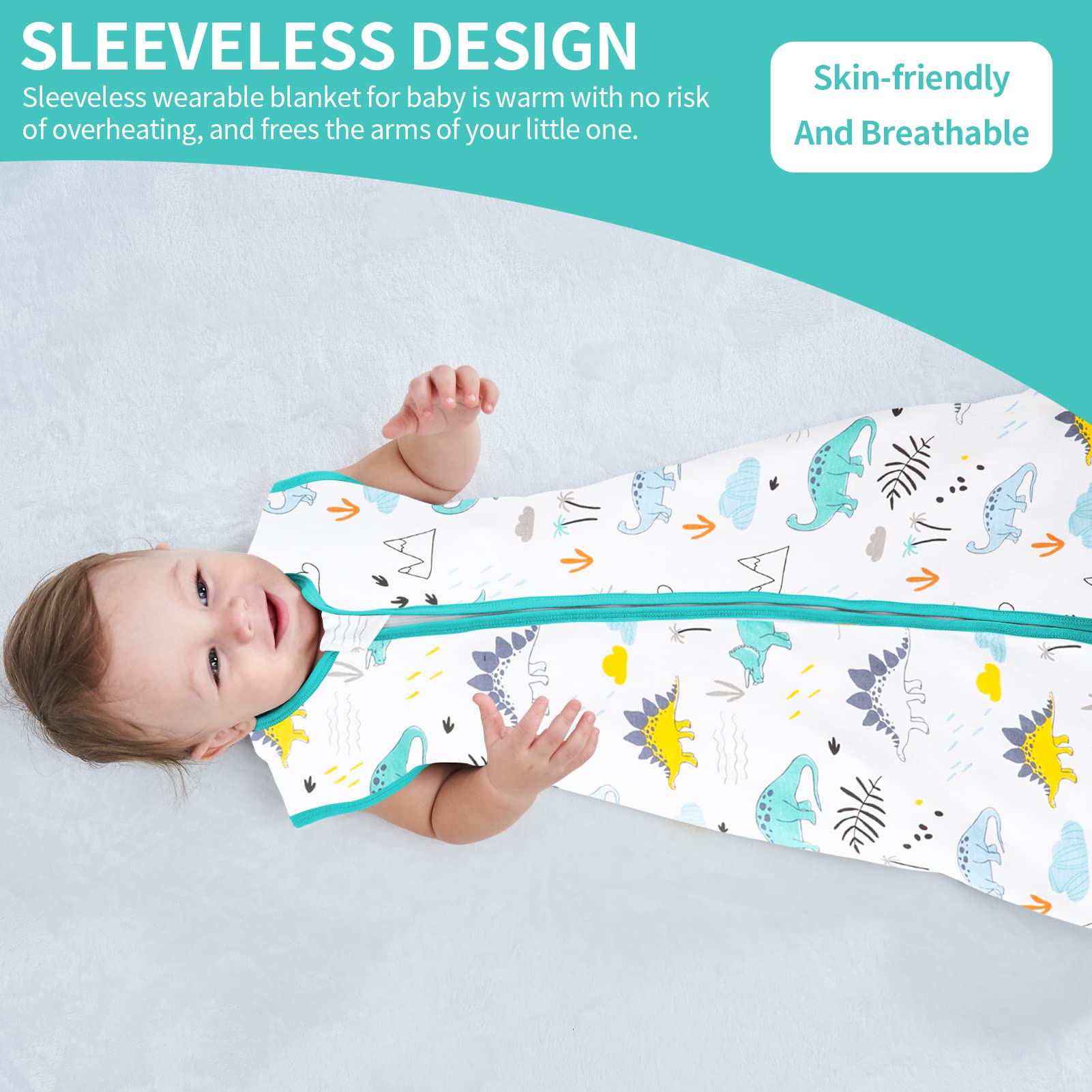IULONEE Baby Sleep Sack, Infant Wearable Blanket Breathable Lightweight Soft Sleeveless with Zipper Swaddle Transition Sleeping Bag Fits Babies Age 0-24 Months Toddler (Blue Dinosaur, M)