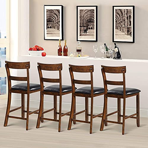 NAFORT Counter Height Bar Stools Set of 4, Farmhouse 25.5β Solid Wood High Dining Chairs with Cushion, Counter Stools with Back for Kitchen Restaurant Bar, Rubberwood Legs & Black PU Leather Cushion