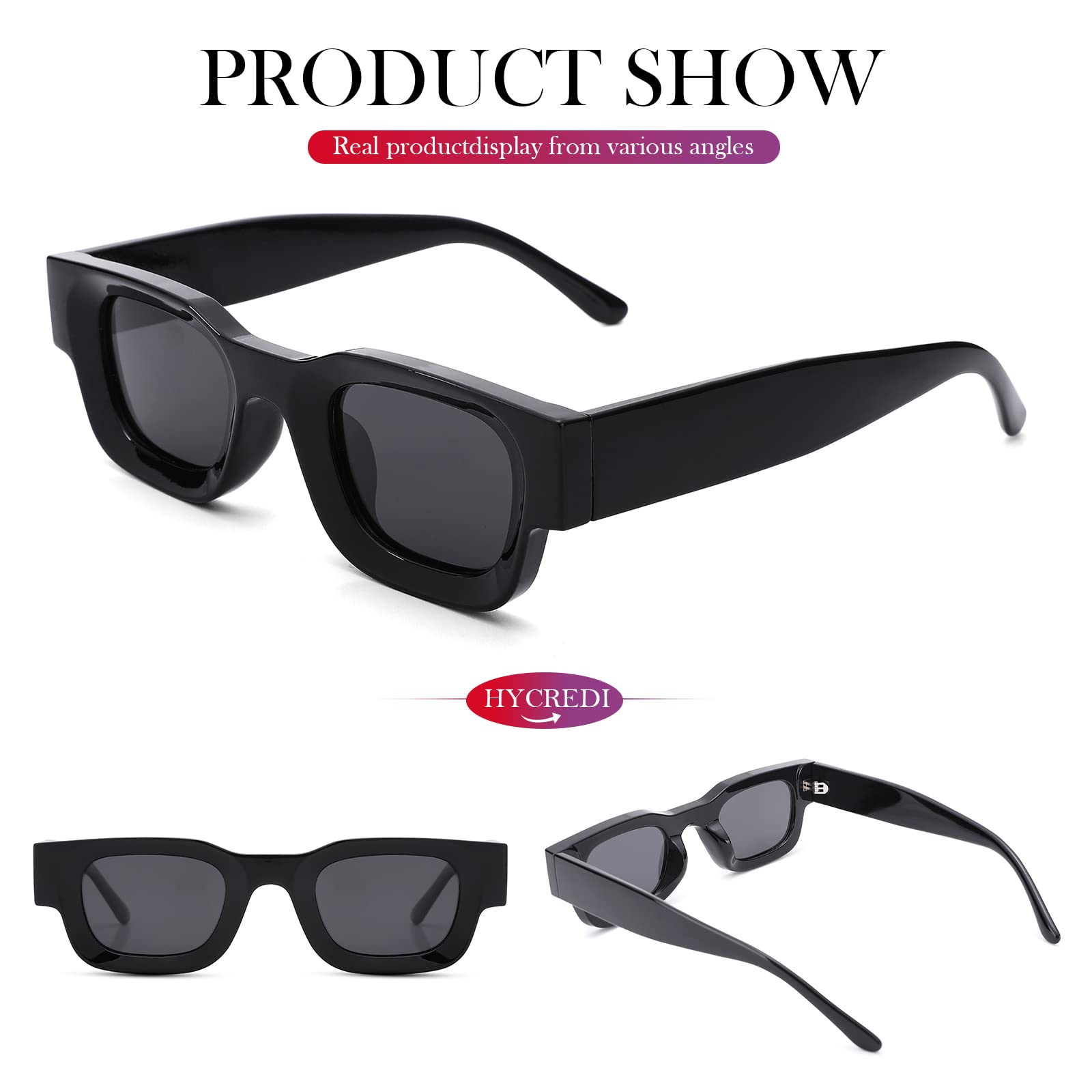 Hycredi Thick Rectangle Sunglasses for Women Men Chunky Square Polarized Sun Glasses Retro 90s Shades UV400 Protection-Black/Grey+Black/Yellow