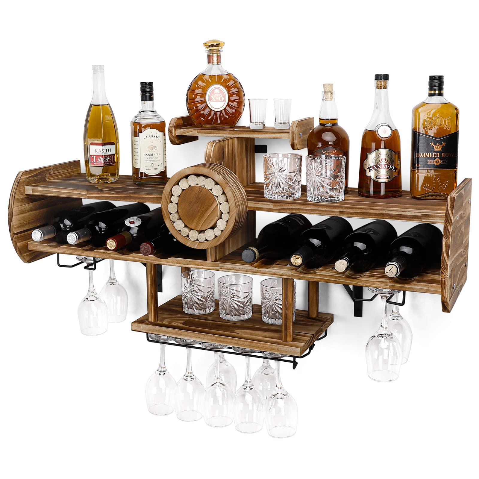 Homde Wine Rack Wall Mounted Wood,Wine Shelf with Bottle Stemware Glass Holder Rustic, Airplane Shape Multi Functional Wine Display Storage Rack for Home Bar (Light Brown)