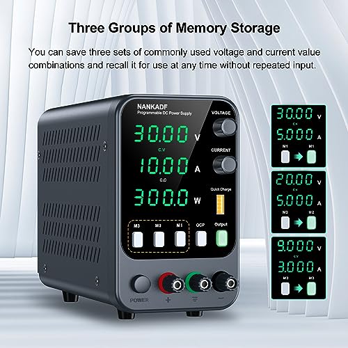 NANKADF DC Power Supply, 30V 10A Bench Power Supply with Memory Storage & Recall,Variable Power Suppy with Encoder Adjustment Knob, 5V/3.6A USB Quick-Charge & OCP Short Circuit Alarm